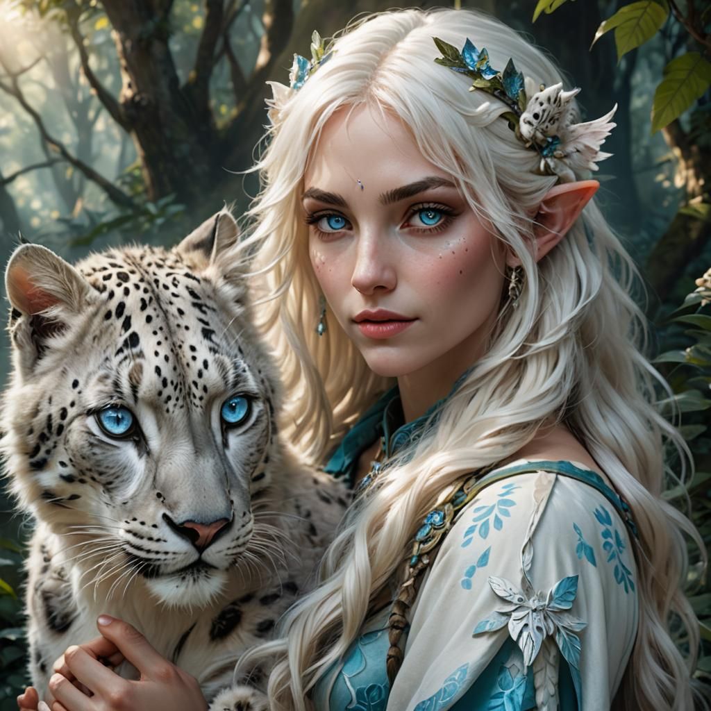 Snow leopard - Fantasy Fairy Elf Portrait with Snow Leopard ...