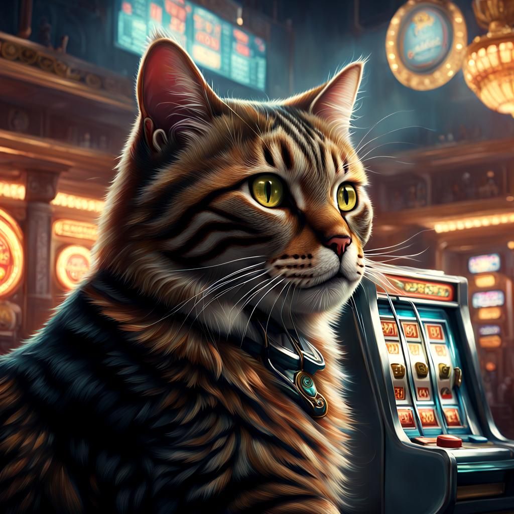 A cat sitting at a slot machine in a casino winning a jackpot - AI ...