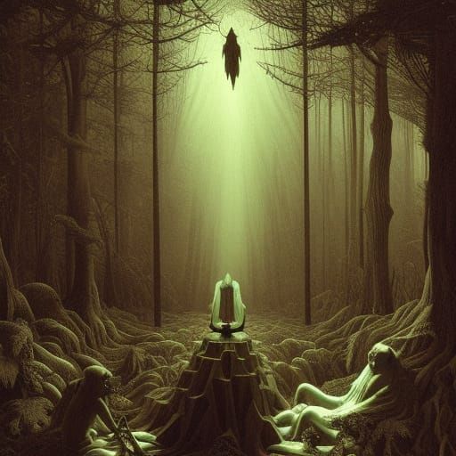 Horror art, sinister ghostly forest, translucent luminous figures ...