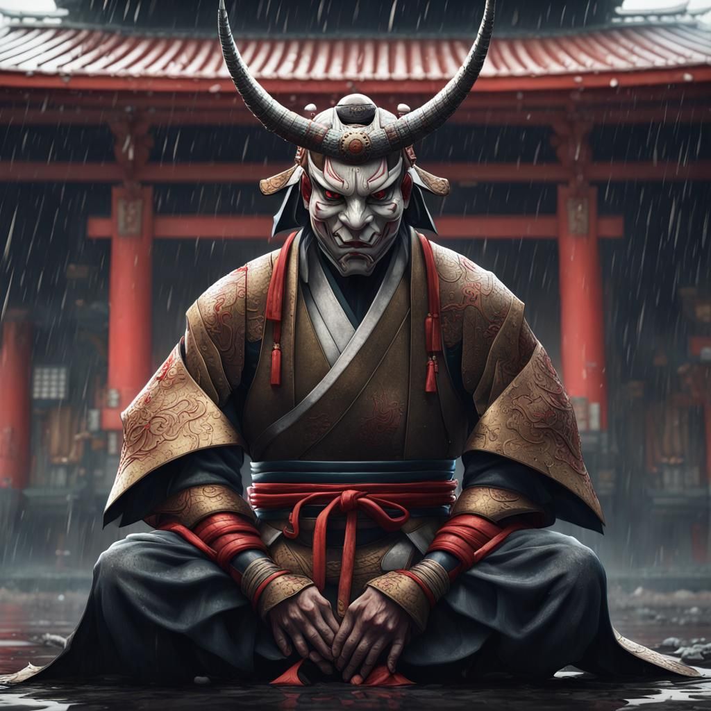 feudal Japan Rōnin samurai in a oni mask kneeling infront of a temple in the rain : r/nightcafe