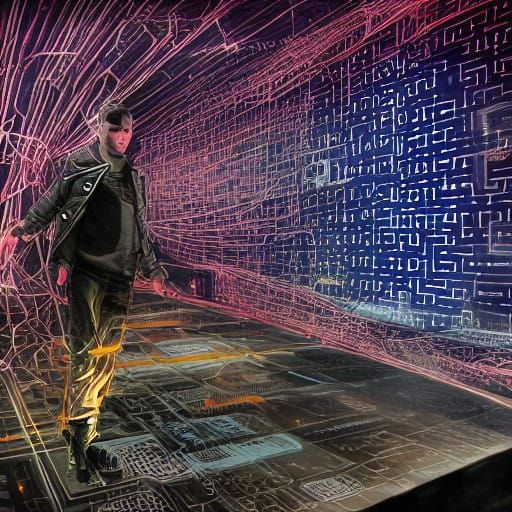 cyberpunk hacker, mainframe, cyberspace, sci-fi, oil painting, vintage ...