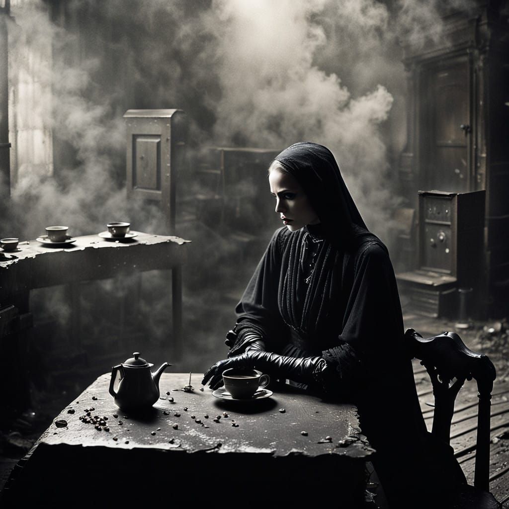 Gothic Coffee Shop in Industrial Decay with Dark F... - AI Art