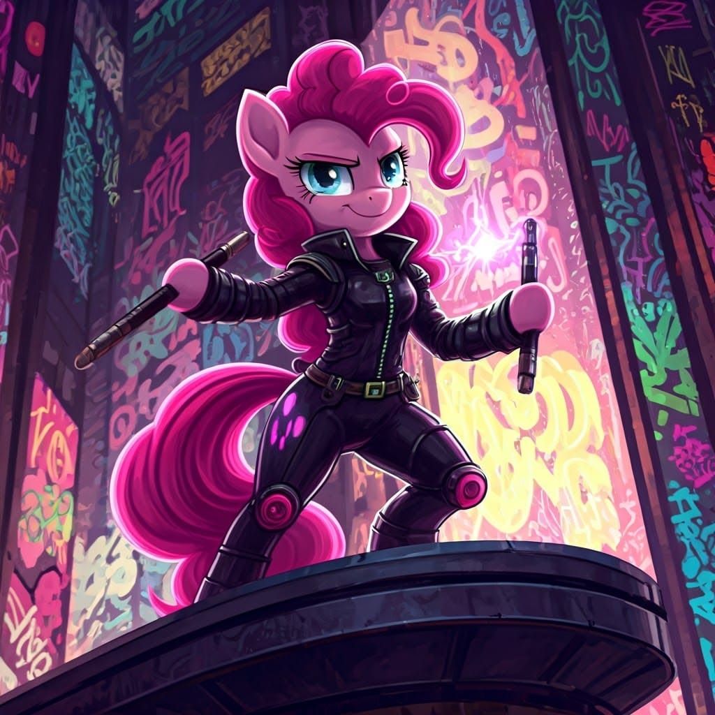 Cyberpunk Pinkie Pie Leaps into Action - AI Art