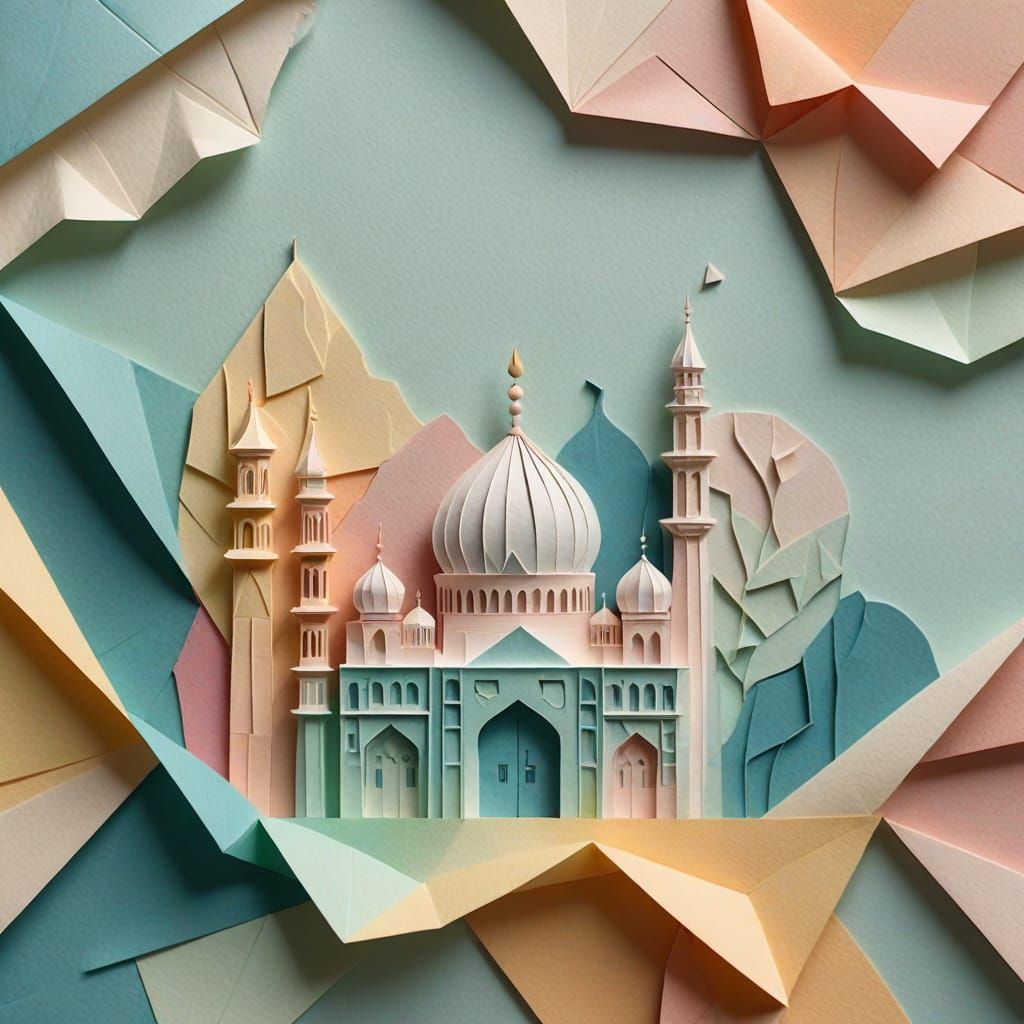 Whimsical Origami Mosque in Pastel Hues - AI Art