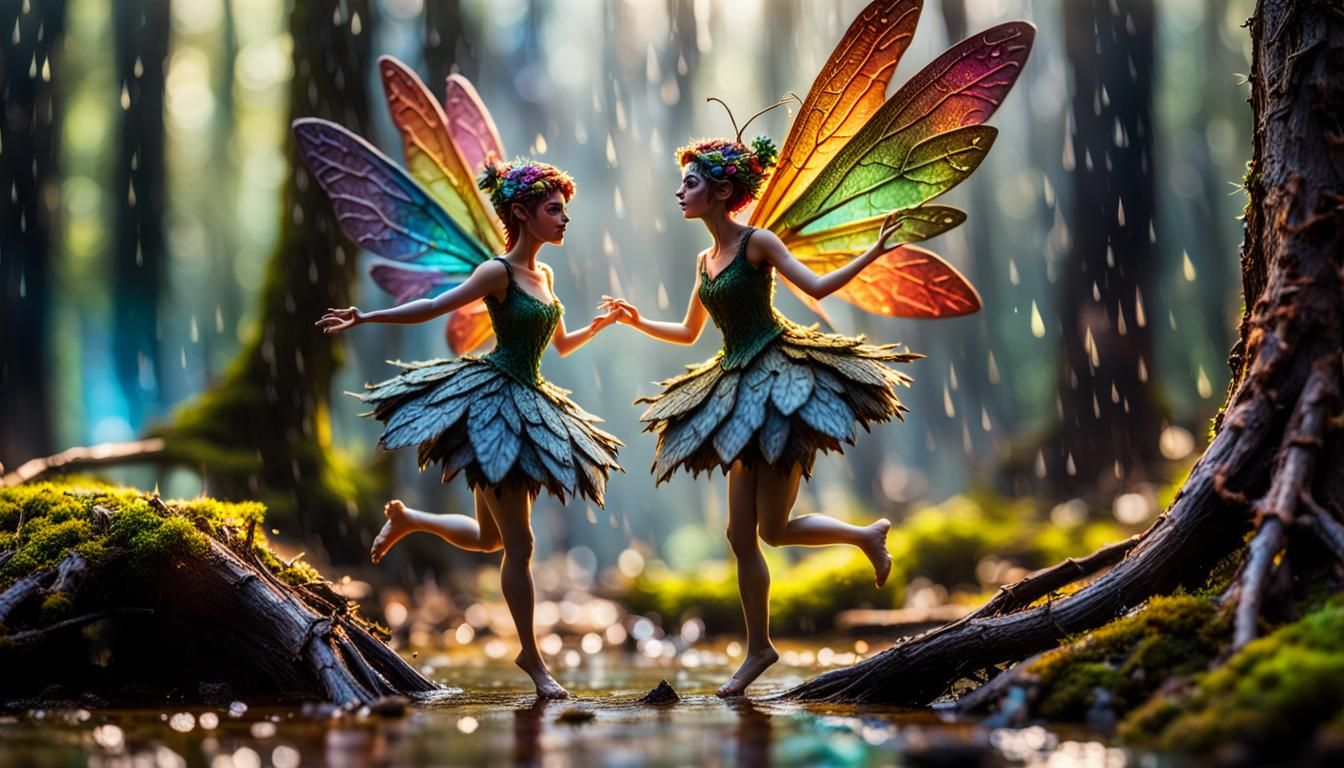 small pixie fairy party dancing in woods with rotting fallen trees in rain and sunlight with ...