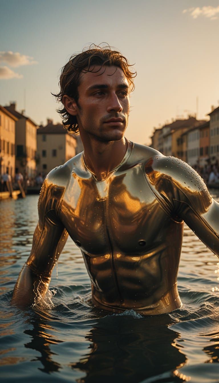 young male highboard diver emerges from a still pool at dawn, water ...
