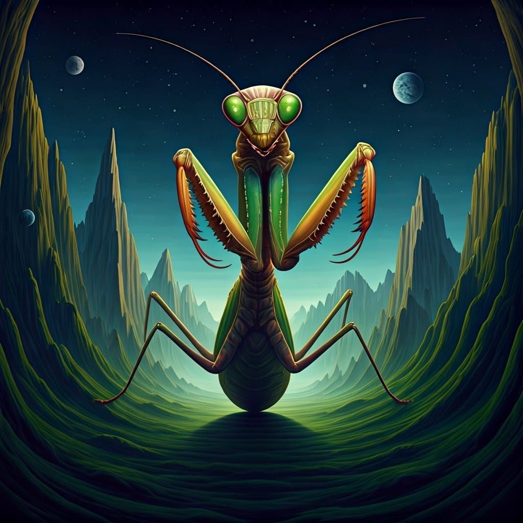 Giant Mantis uncanny alien landscape illusionary depth, distorted space ...