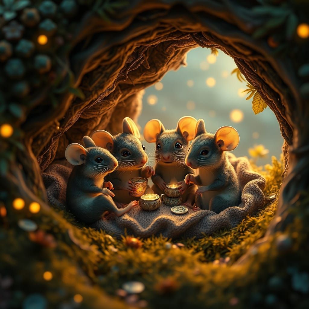 A cozy mouse family - Whimsical Mouse Family in a Golden Gla...