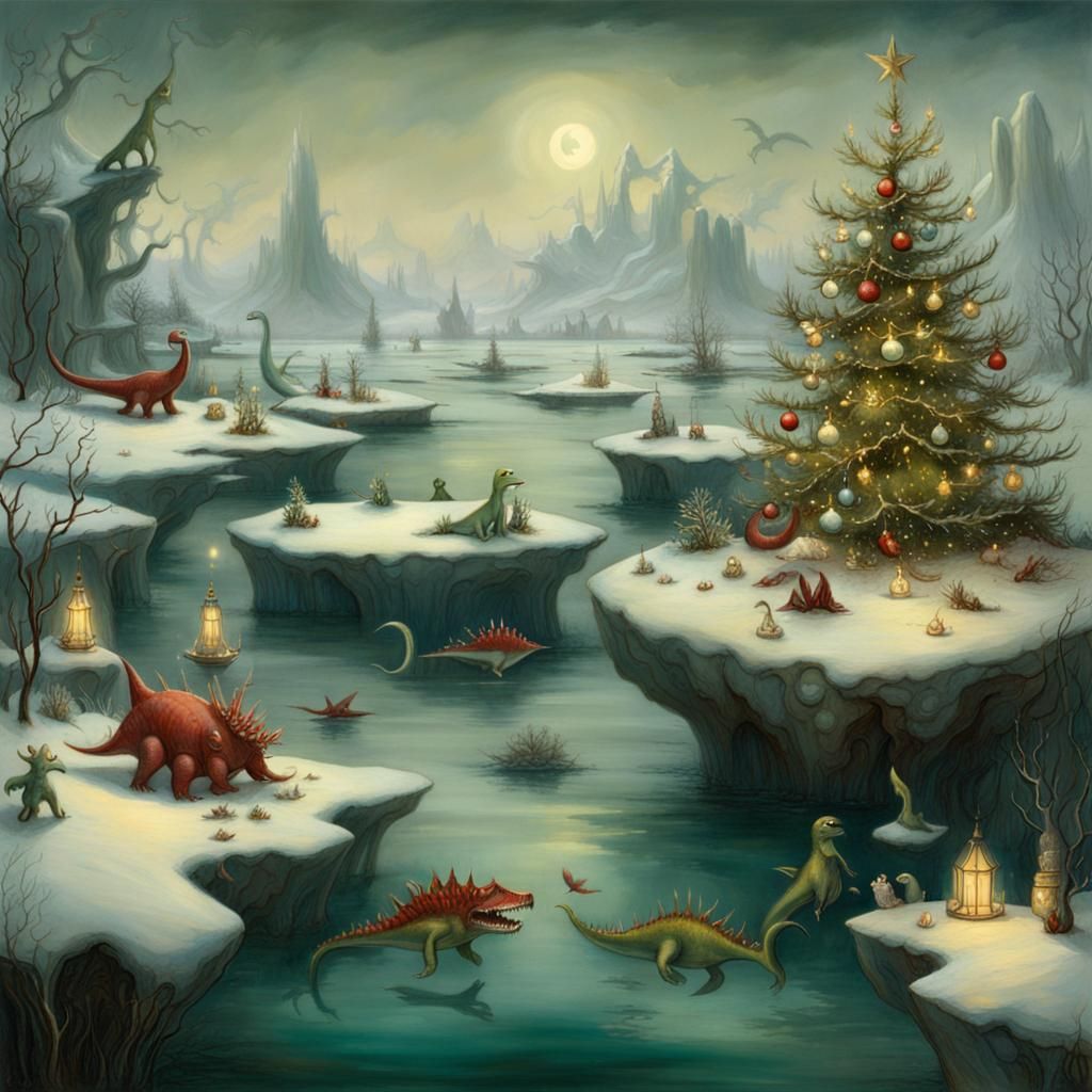 Christmas landscape with mermaids and dinosaurs/Dali Alexander Jansson ...