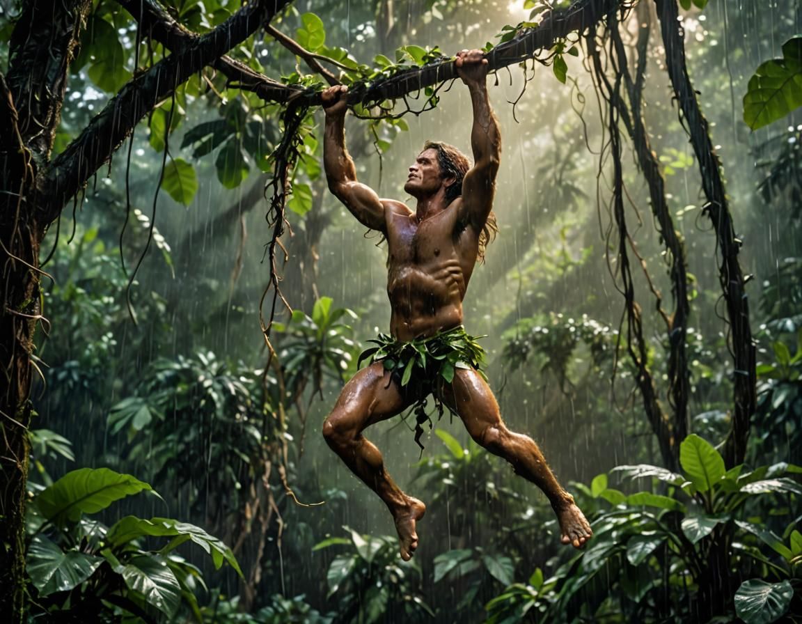 Tarzan swinging on a vine off a tree branch in the rainforest, torrential rain falling, lens ...