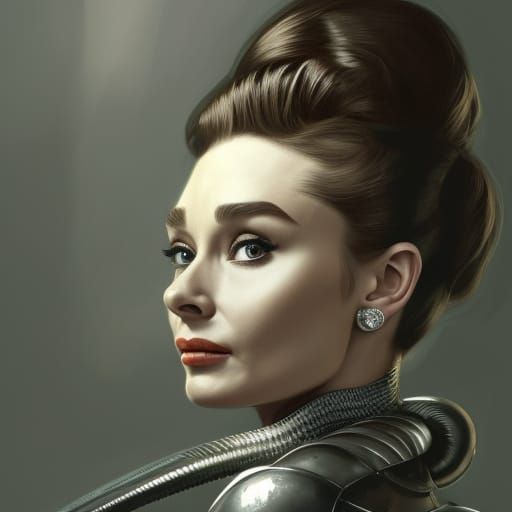 Audrey Hepburn in shiny black armor with no helmet. looking straight ...