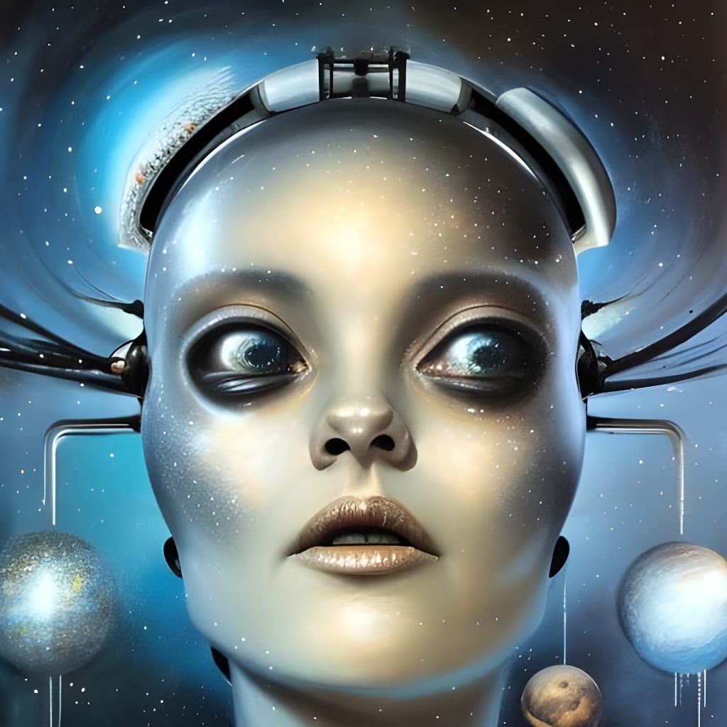 futuristic silver robotic cyborg melting into the full of planets and ...