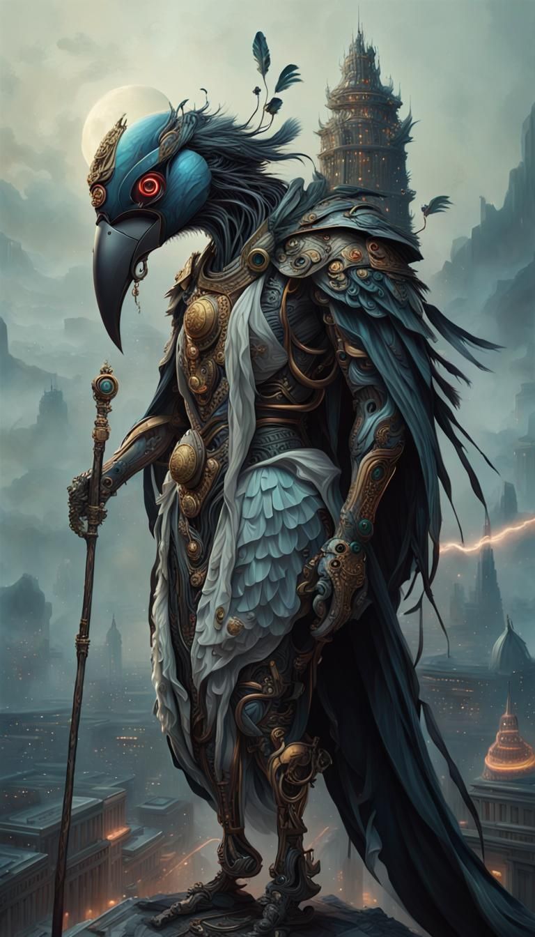intricate bird headed humanoid with a megalopolis on its shoulders ...