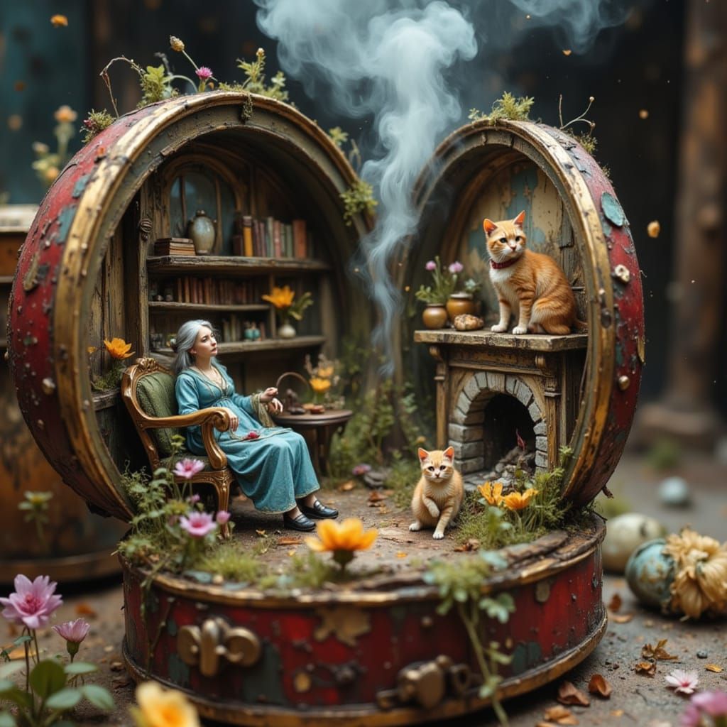 A whimsical, open locket with a detailed diorama inside