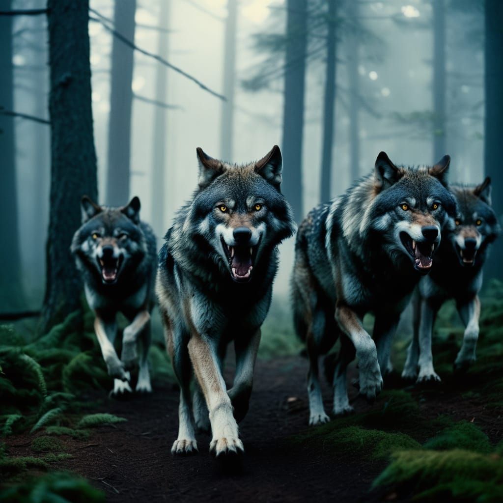 an angry wolf pack - Wild Wolf Pack Charges Through Misty Fo...