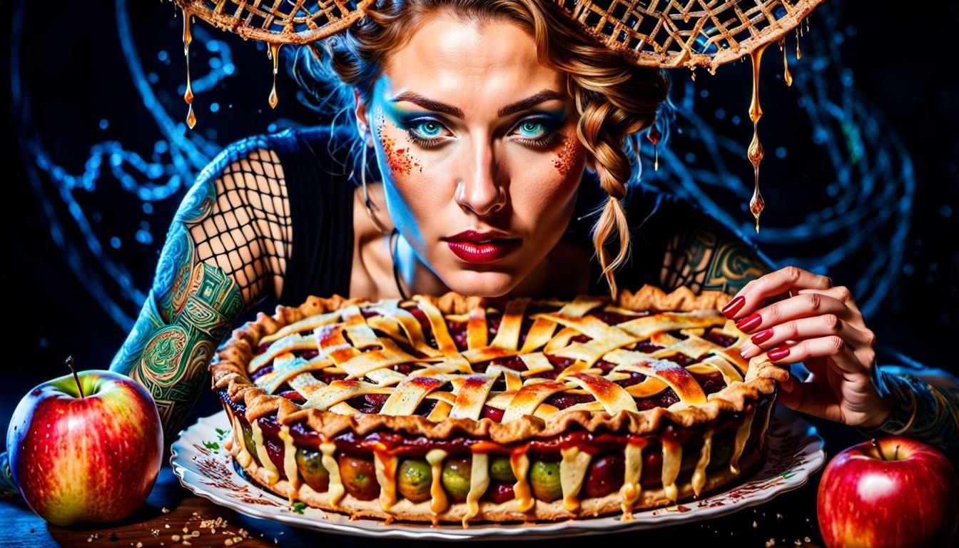 Incredibly beautiful young woman enjoying a triple-decker apple pie ...