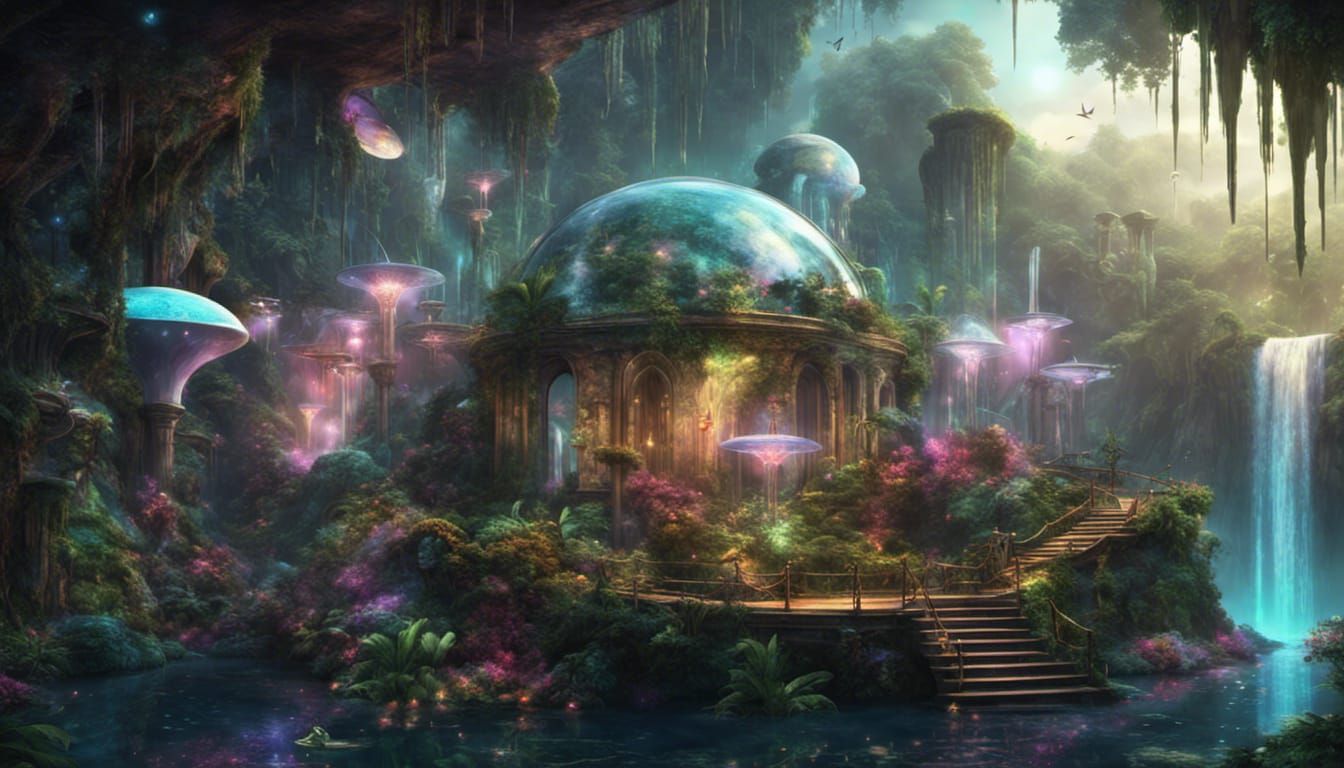 3D fantasy world rich colors a glass futuristic floating palace amid ...