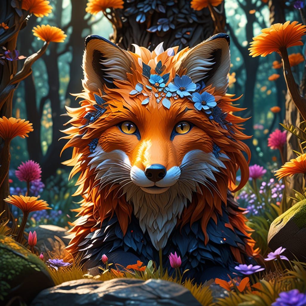 Vibrant Fox in Mystical Love Forest - AI Art