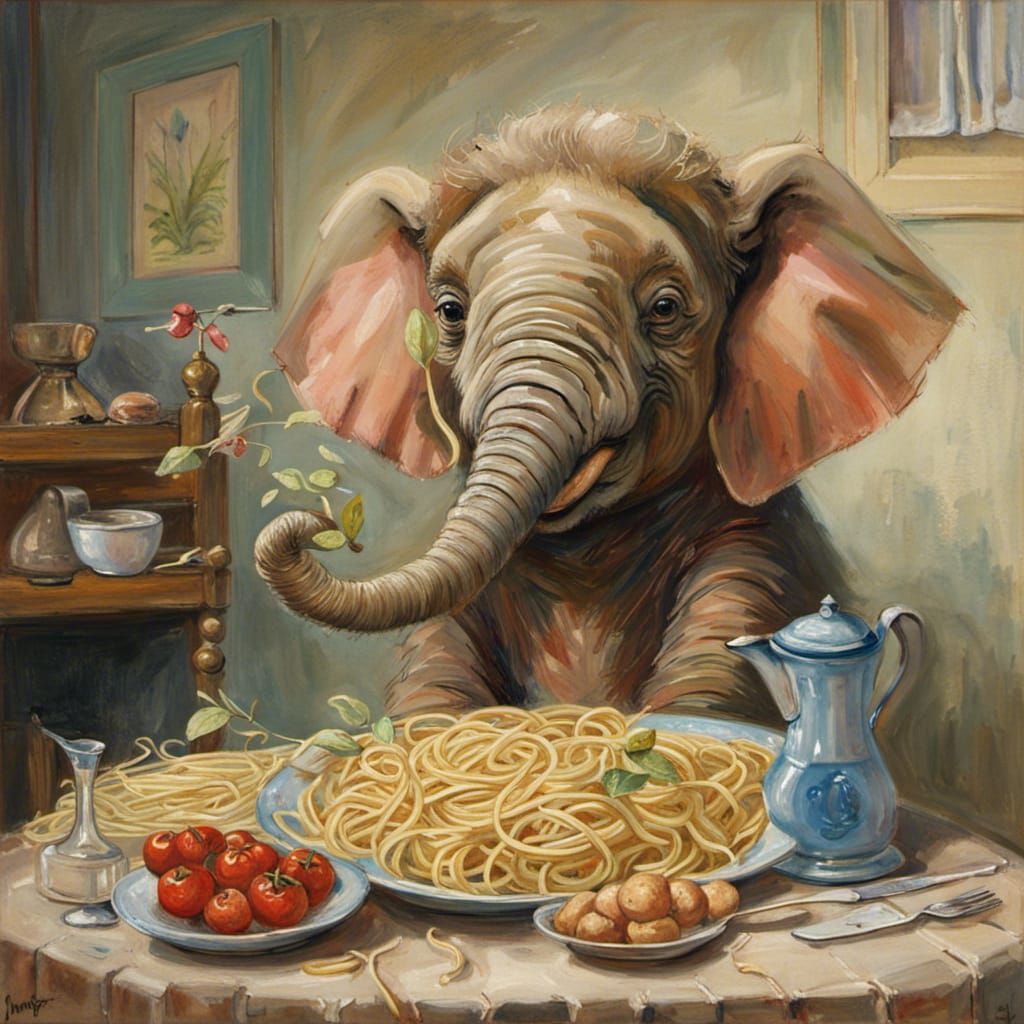 Hungry Elephant eating Spagetti 🐘 - AI Generated Artwork - NightCafe ...