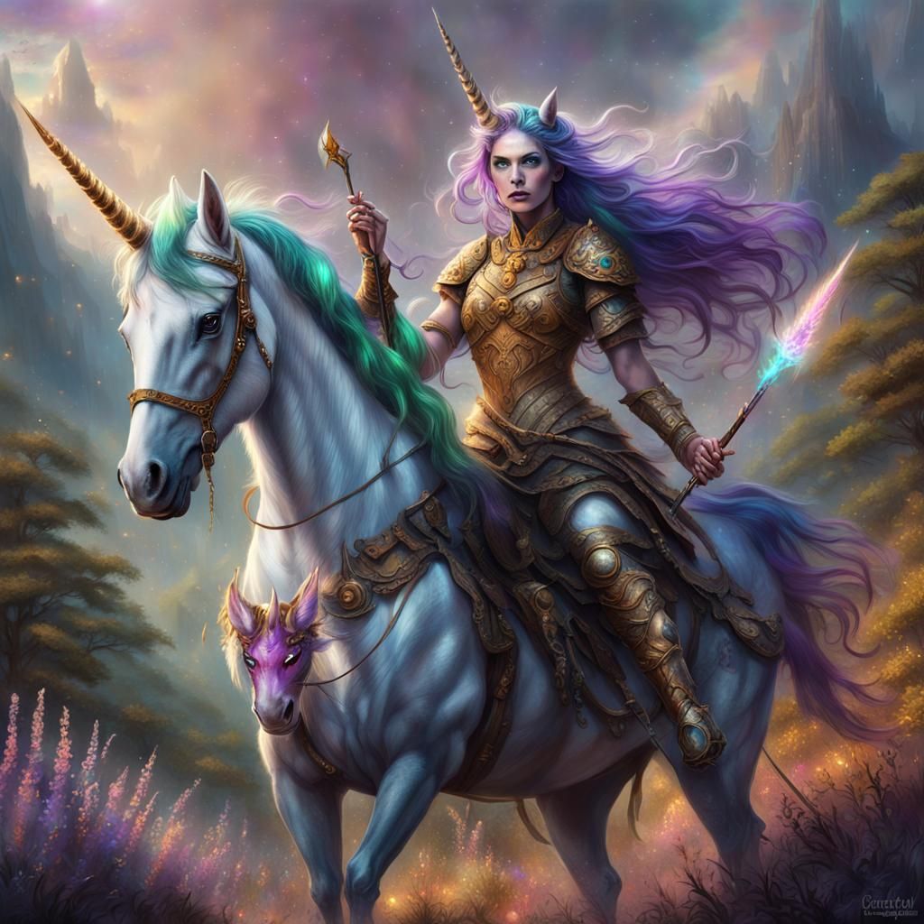 Unicorn woman with rainbow colored hair and a golden horn. She has ...