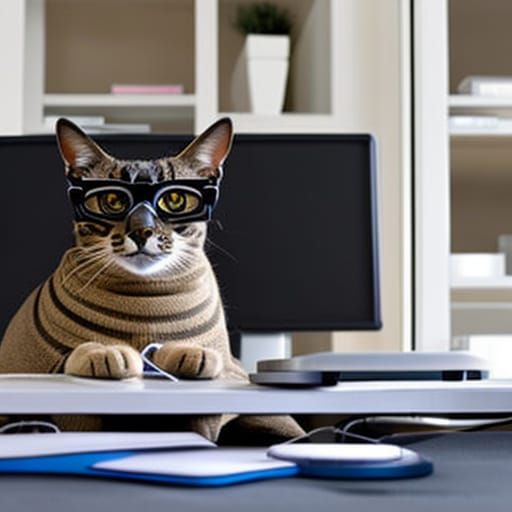 humanoid cat with glasses wirking ebhind a desk - AI Generated Artwork ...