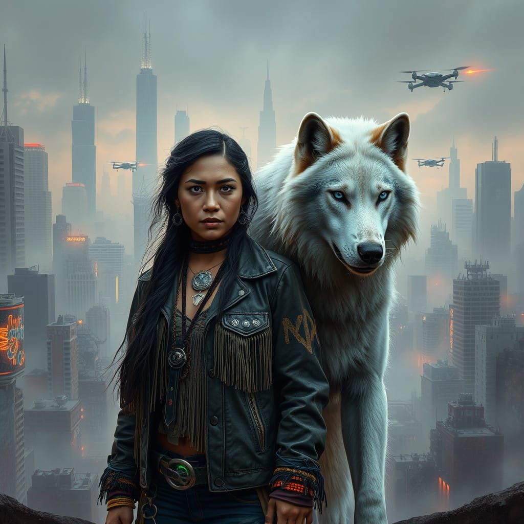 Mary Brave Wolf Porter with her wolf companion Stormfang in the city of ...