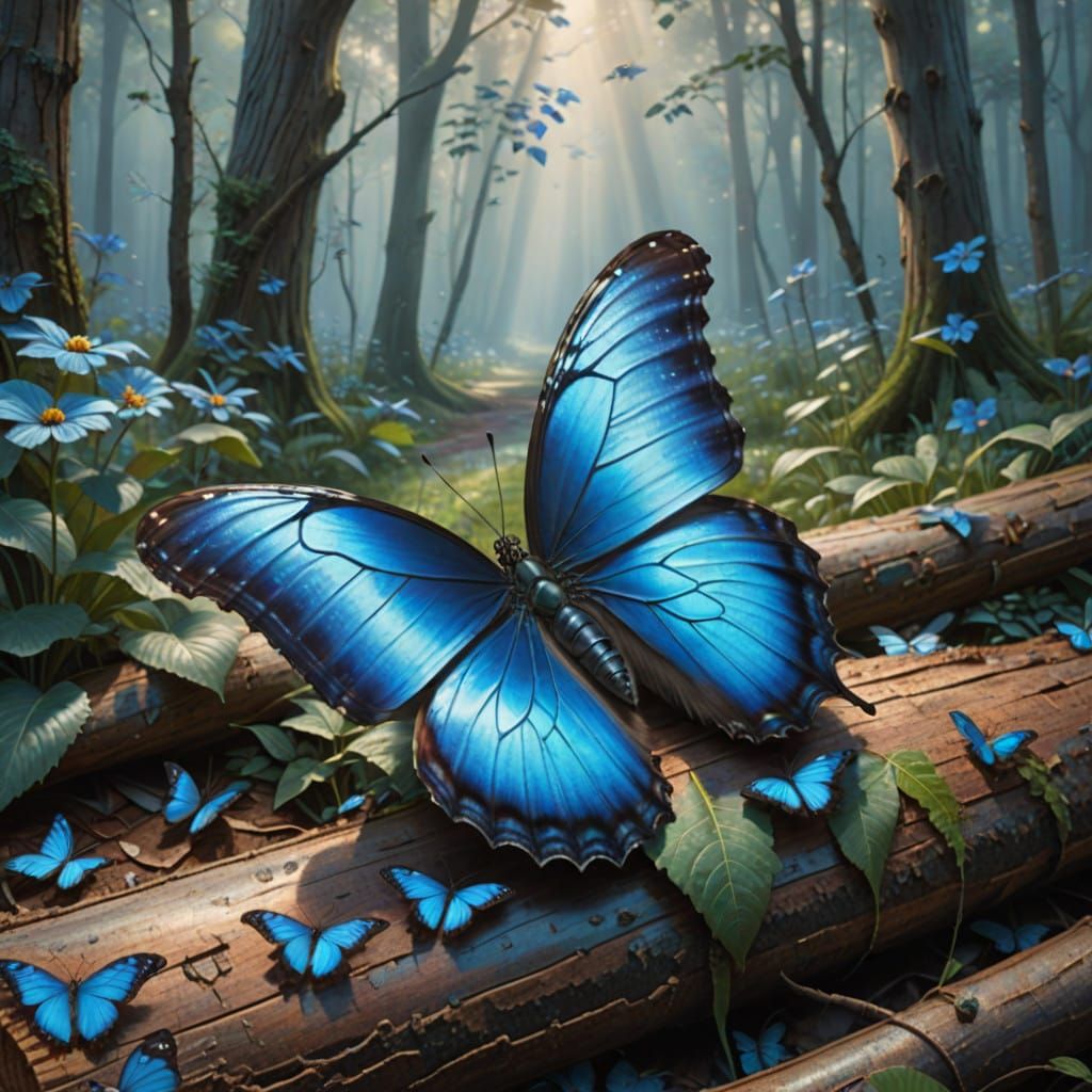 A big blue morpho with tons of little blue morphos!