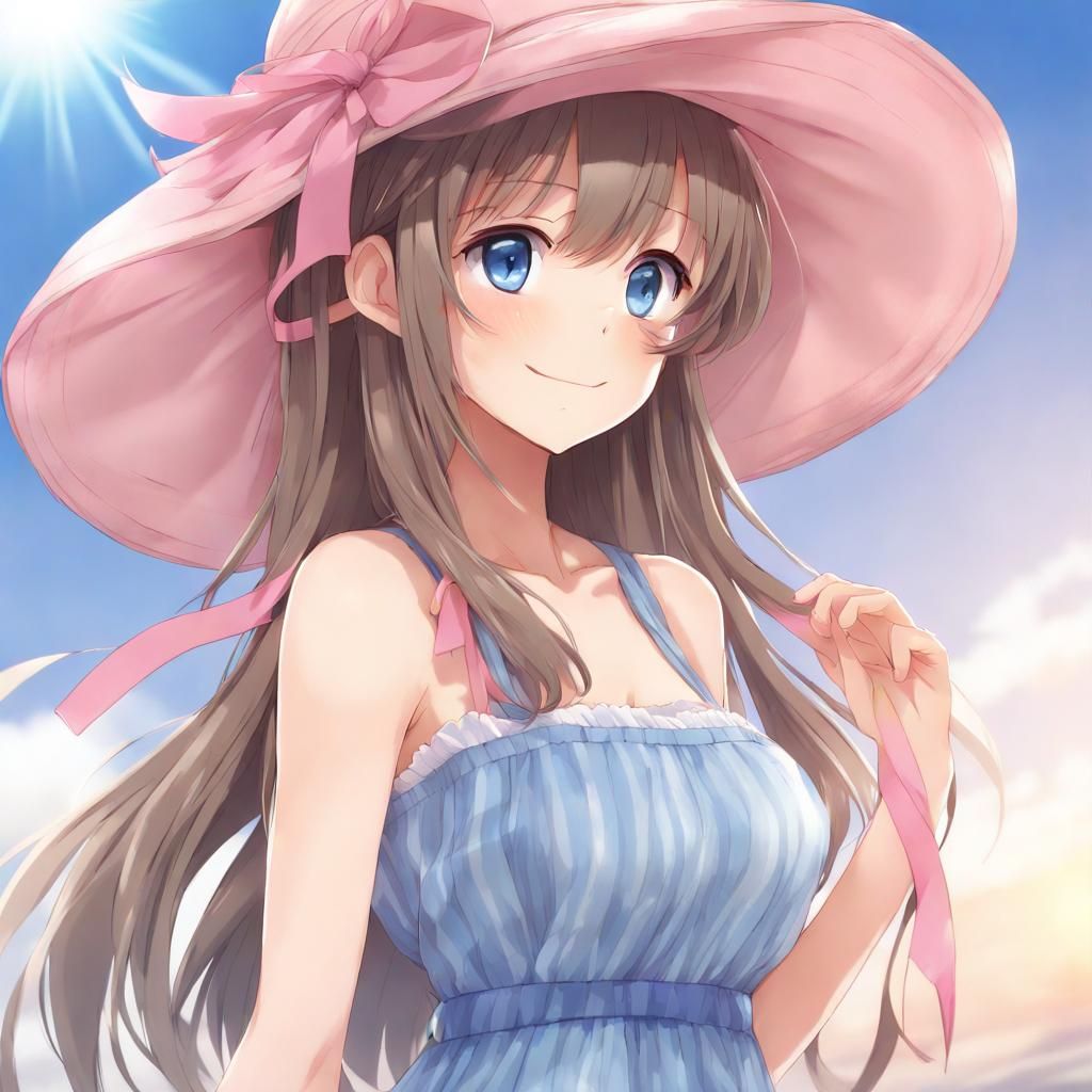 A tall girl in a blue and pink sun-dress and a large blue sun-hat. pink ...
