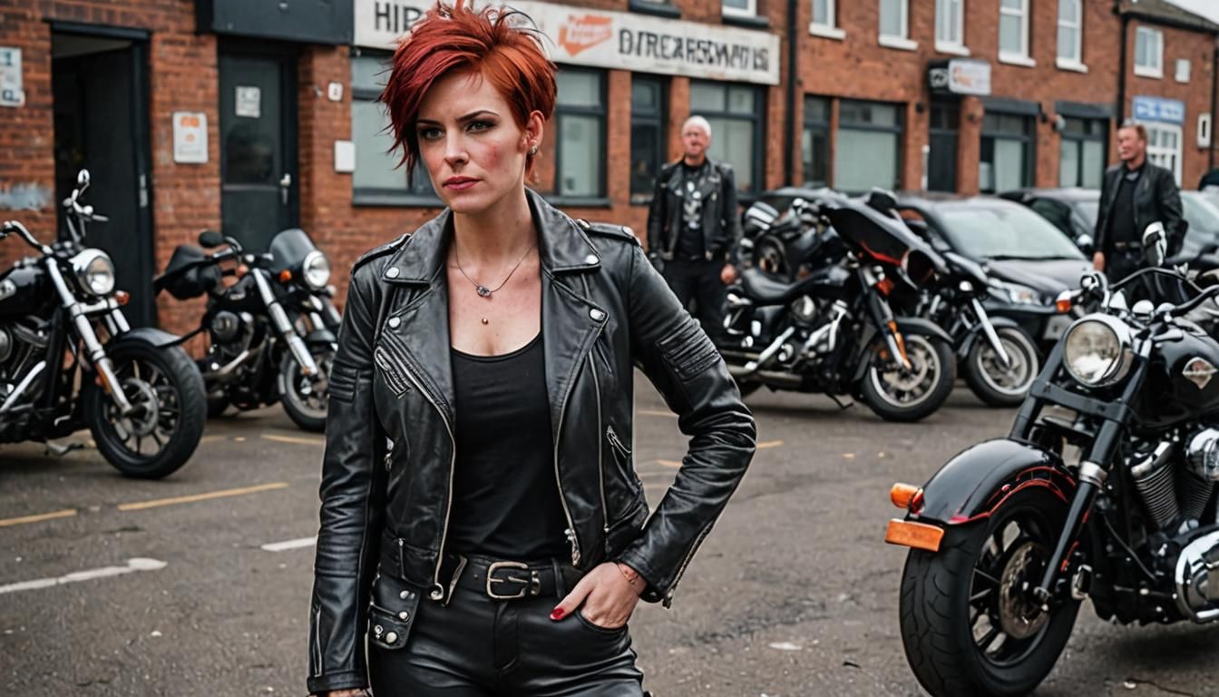 Mature British Girl, punk, short redhead hair, bored, standing in the parking lot next to her ...