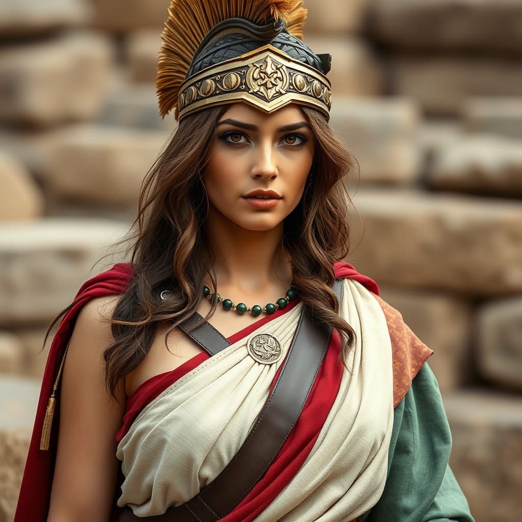 a Roman woman with brown hair and brown eyes dressed as a centurion ...