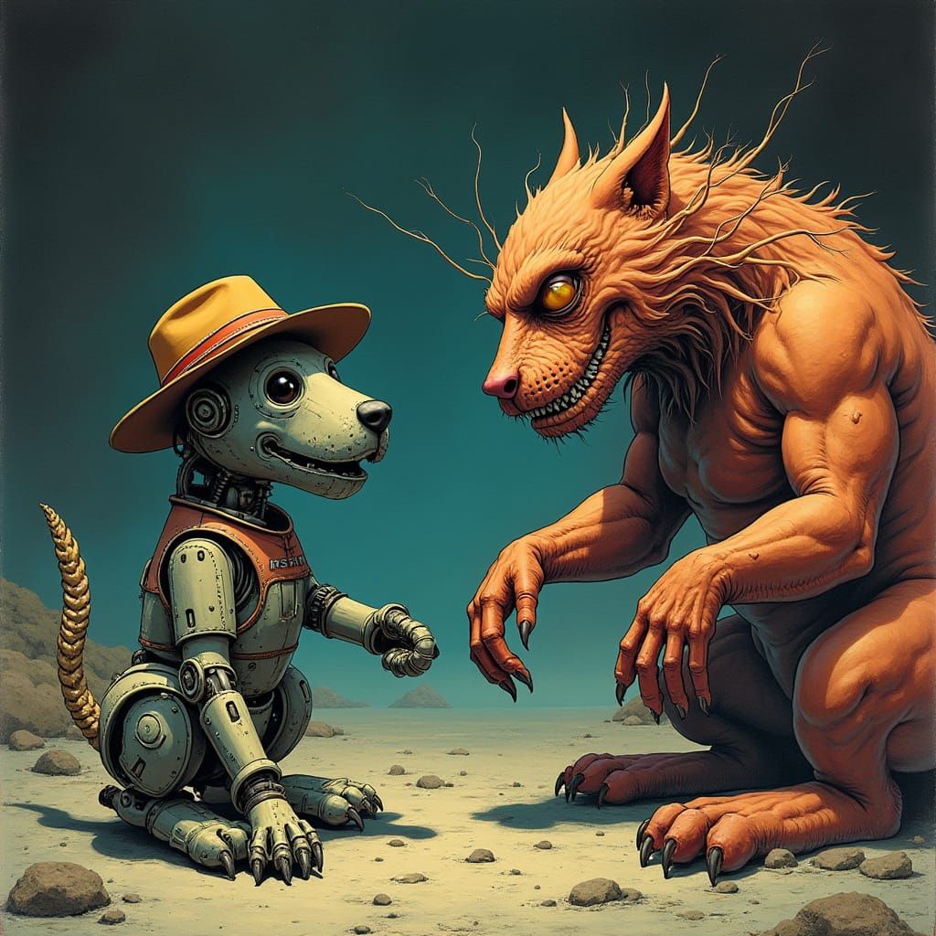 Surreal 80s Sci-Fi Robot Dog in Fedora Meets Alien - AI Art