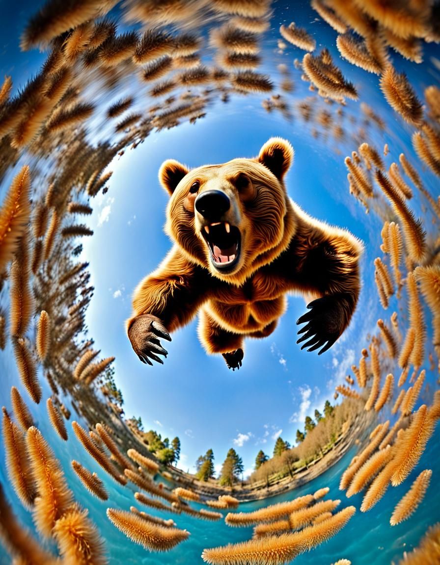 Airal Close-up Photograph of a Jumping Bear from a fly's Perspective ...