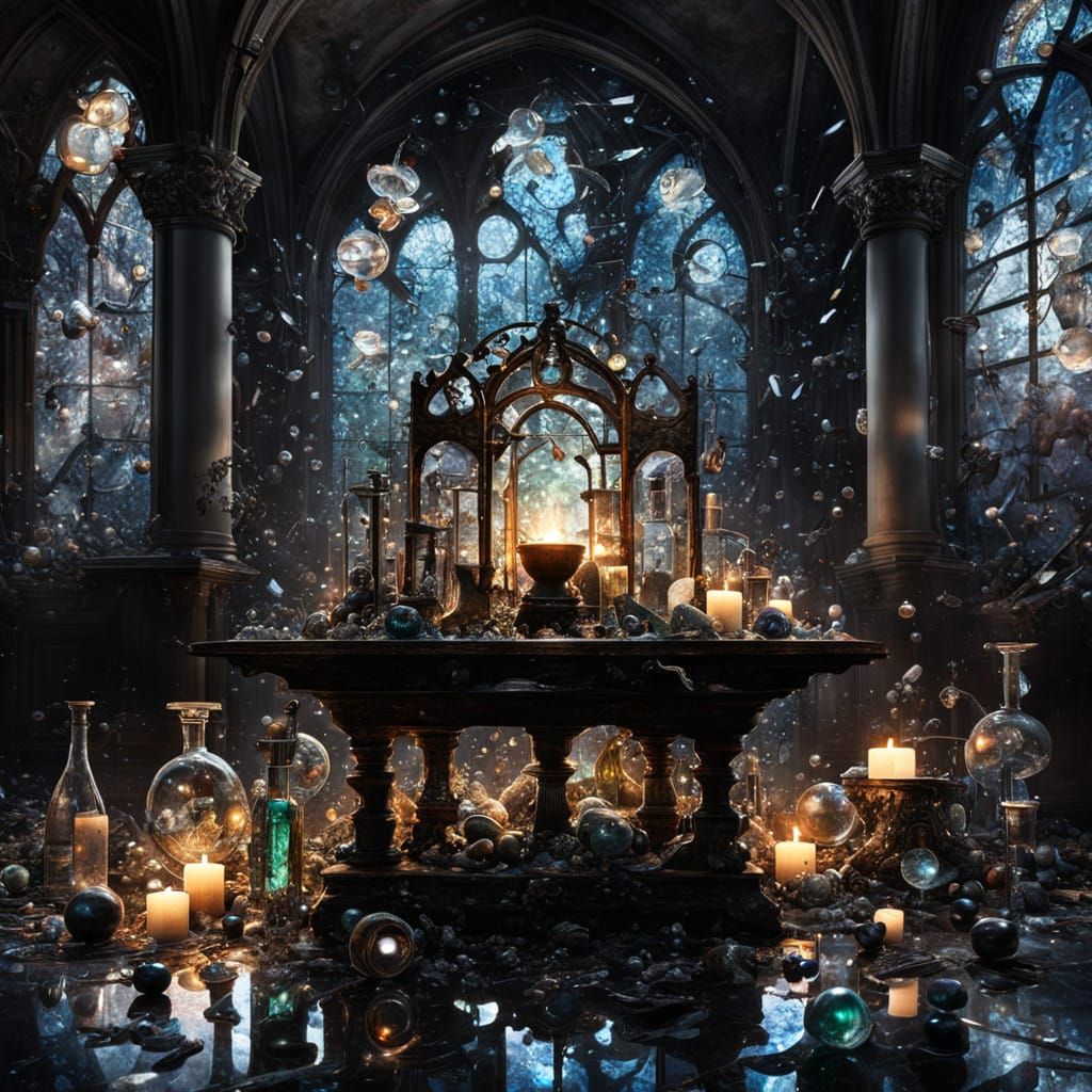 Mad Scientist's Laboratory Still Life in Dark, Eer... - AI Art