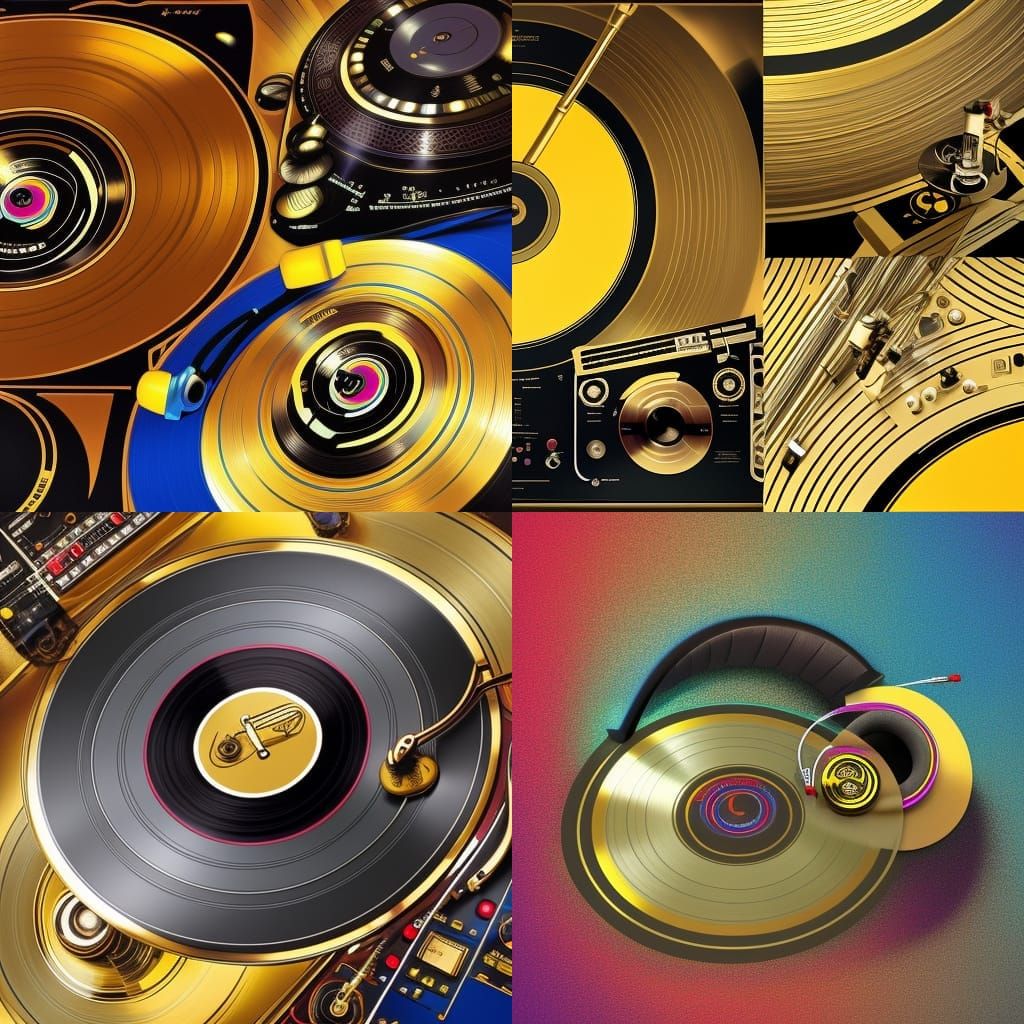 logo with a golden turntables and headphones. hyperdetailed and ...