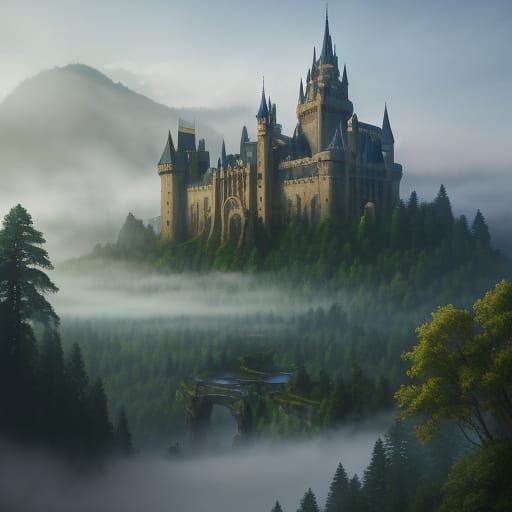 Castle - Ethereal Castle Amidst Mystical Forest in Vibrant C...