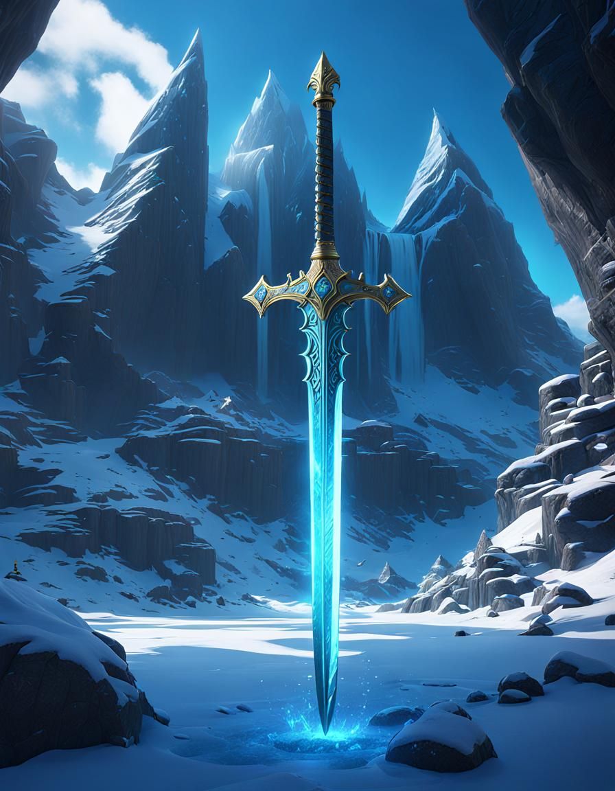 glow sword fantasy - Glowing Fantasy Sword in Icy Landscape