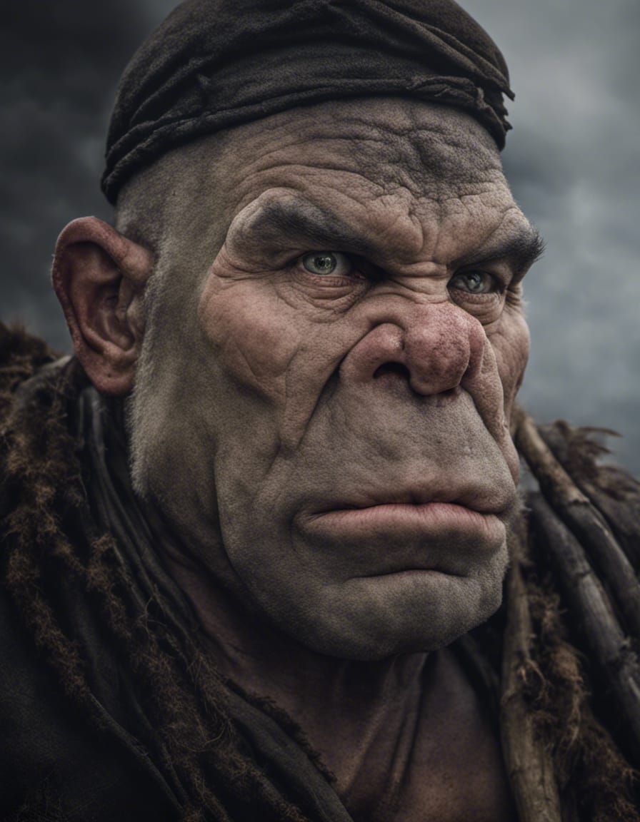 rough looking ogre, angry, tusks no hair, close set eyes, detail ...