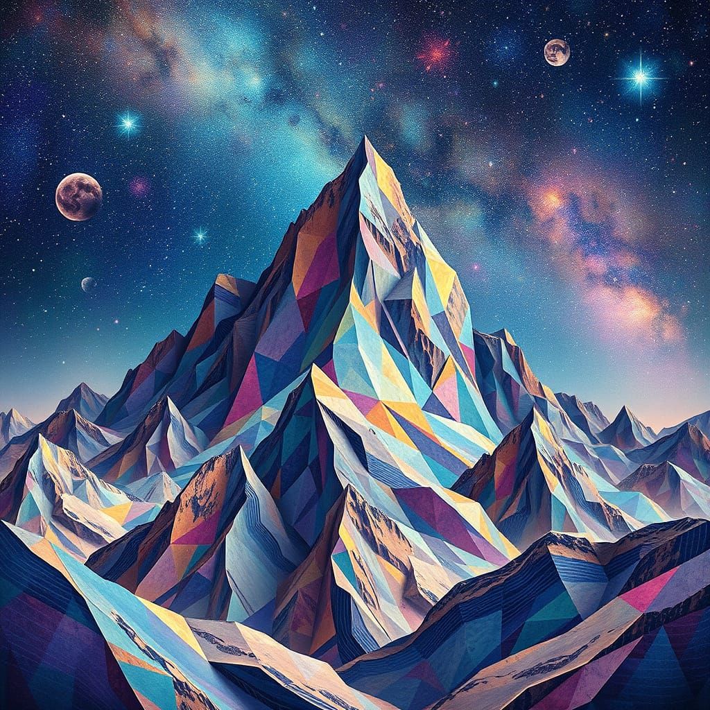 mountains made of patchwork - Vibrant Cosmic Mountains in Mi...