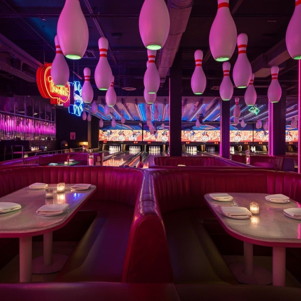 A photo of a bowling alley themed club restaurant and bar. The venue is ...