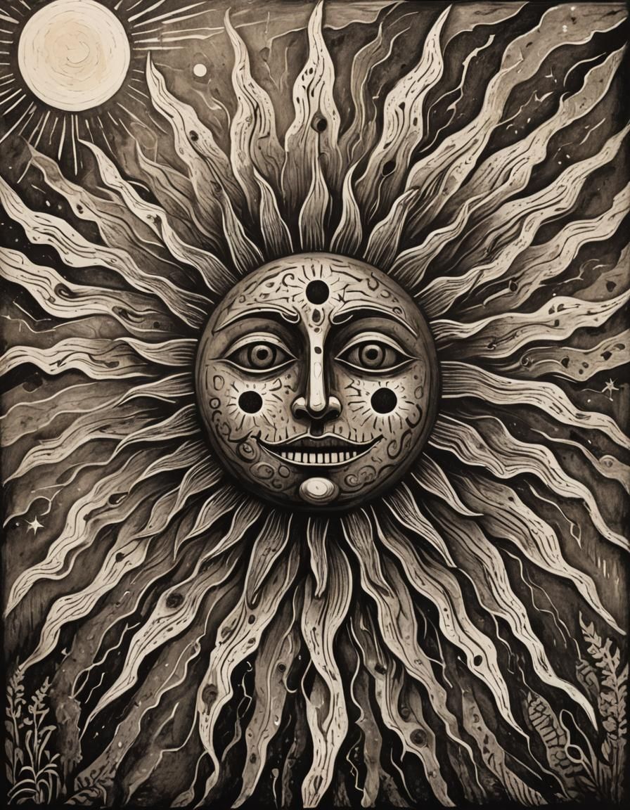 black and white sepia folk art woodcut horror creepy eerie folk art sun ...
