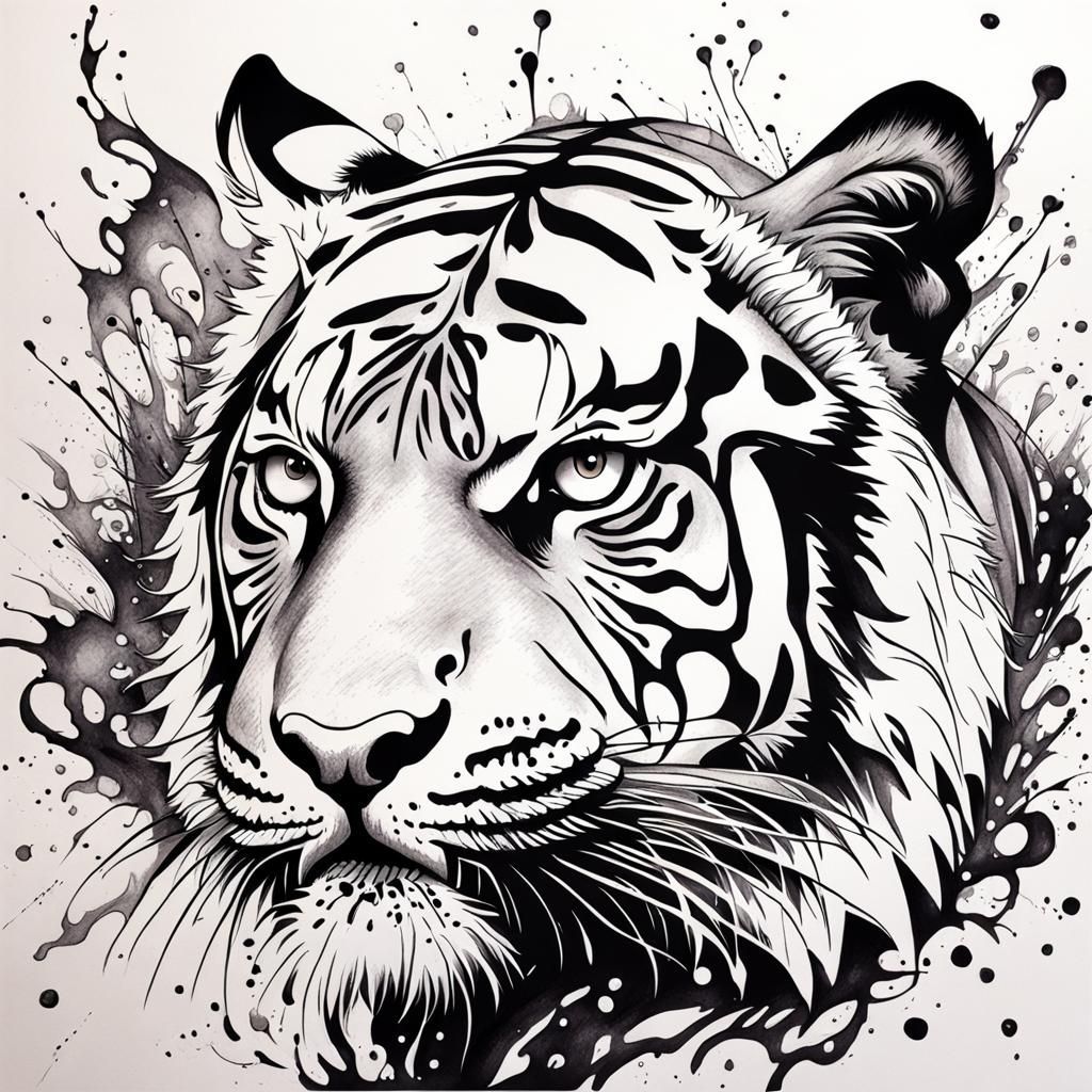 Tiger ink drawings, black ink, white backgraund, splash art, intricate ...