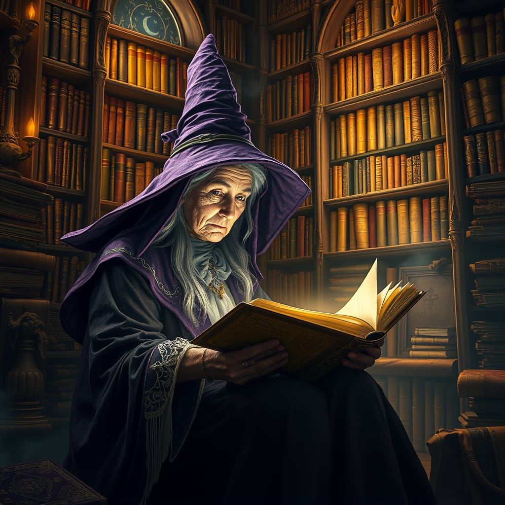 Wise Witch Reading Book in Magical Library - AI Art
