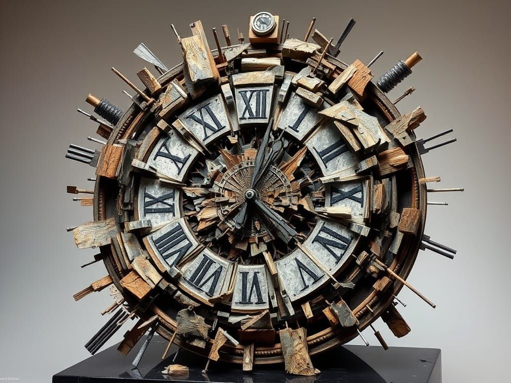 Exploded Clock: A sculpture where fragments of a clock seem to burst outward and freeze mid ...