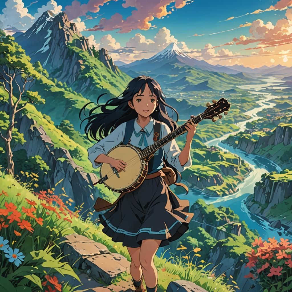anime girl with long black hair playing banjo in the mountains - AI ...