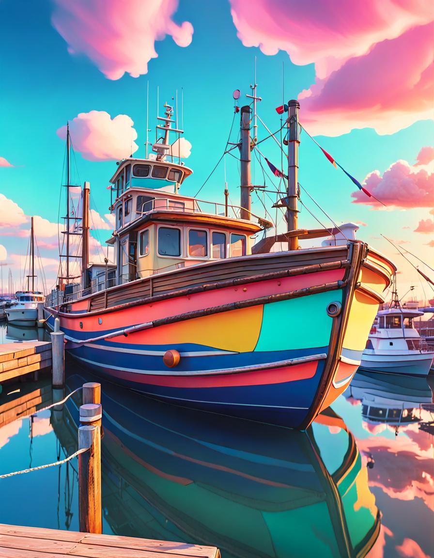 The fishing boat at the picturesque marina photorealistic HDR ...