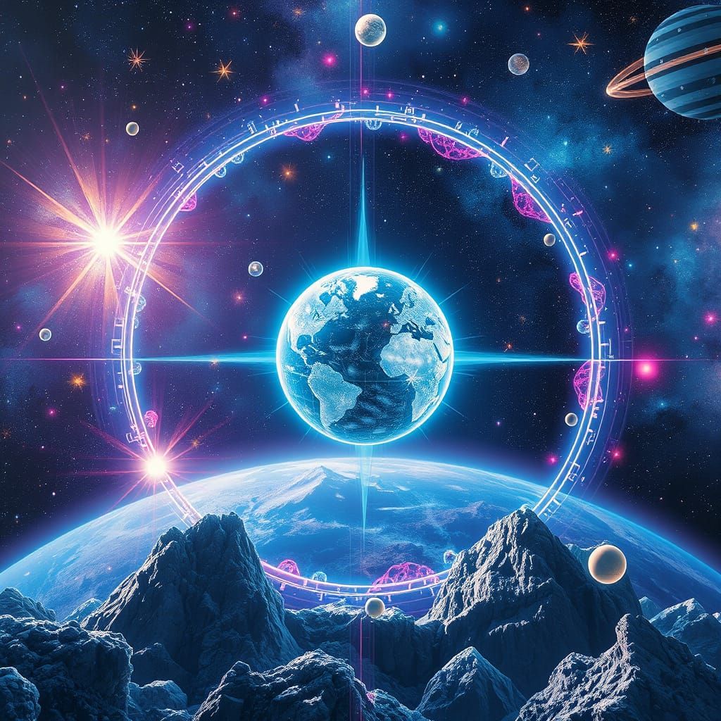 "Proton World" - Proton World Cosmic Illustration in Mixed M...