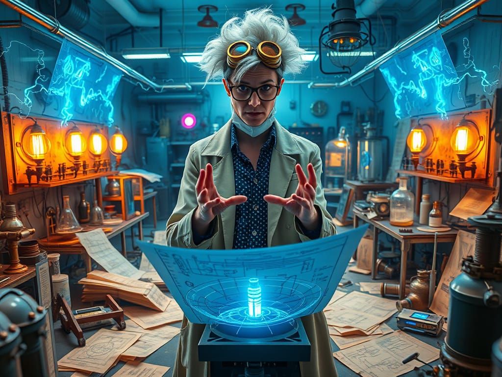 A brilliant but eccentric mad scientist surrounded by scattered ...