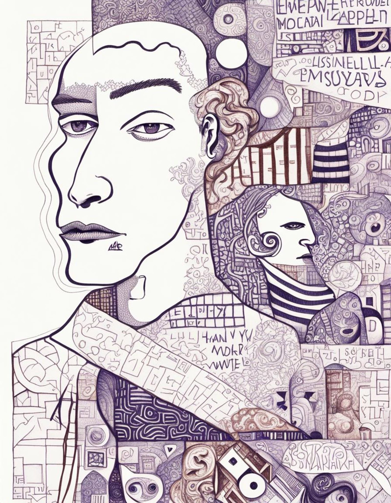 A cluttered ballpoint drawing with text and two portraits of human ...