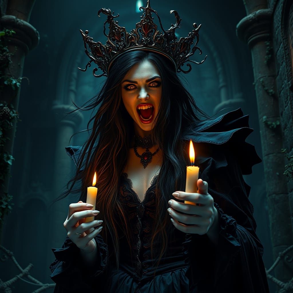 Dark Vampire Queen Unleashes Fury in Haunted Cathe... - AI Art