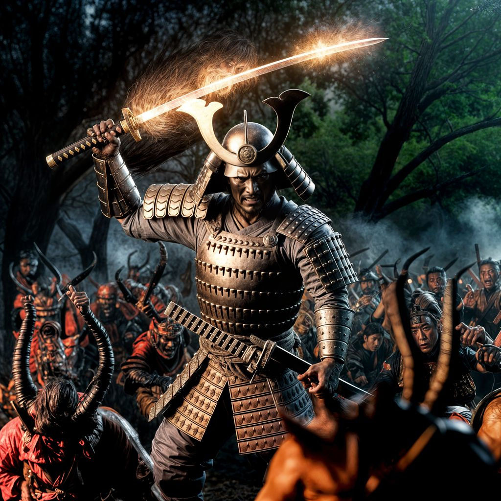 Samurai Battles Demons with Magical Katana: 3D Ren... - AI Art